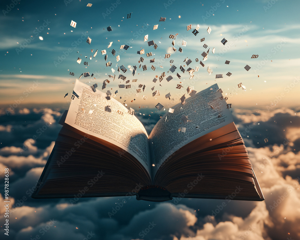 magical open book floating in clouds with golden letters - fantasy, dreams, knowledge ...