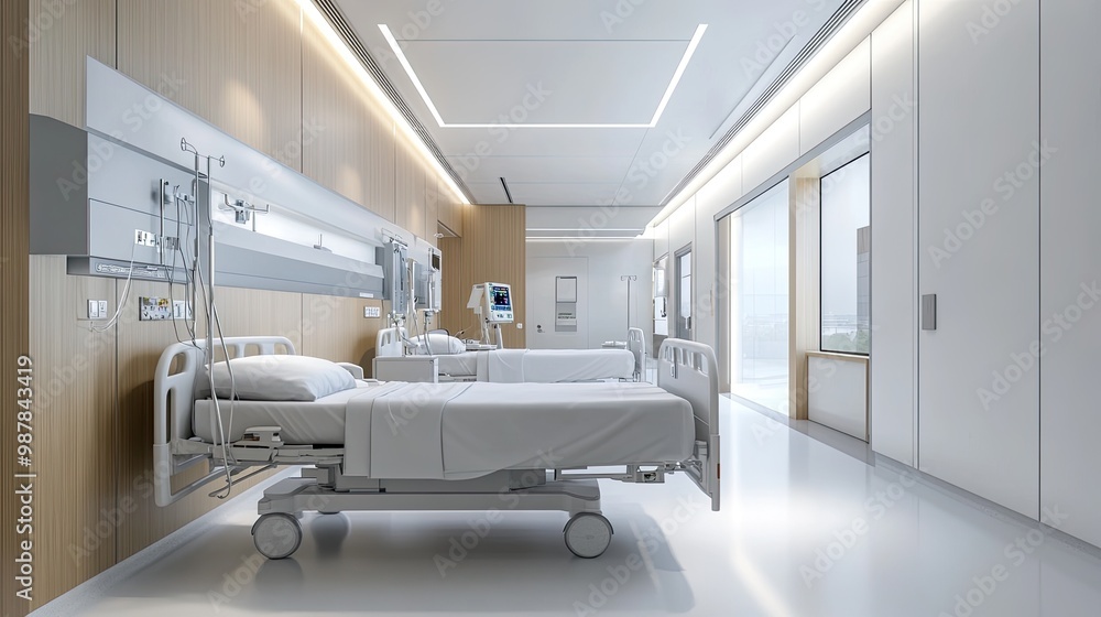 Interior of a state-of-the-art hospital room with high-tech medical ...