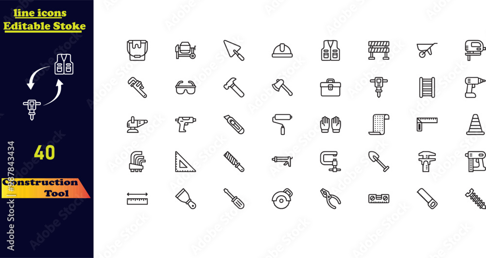 Construction tool stroke icon collection featuring icons for ...