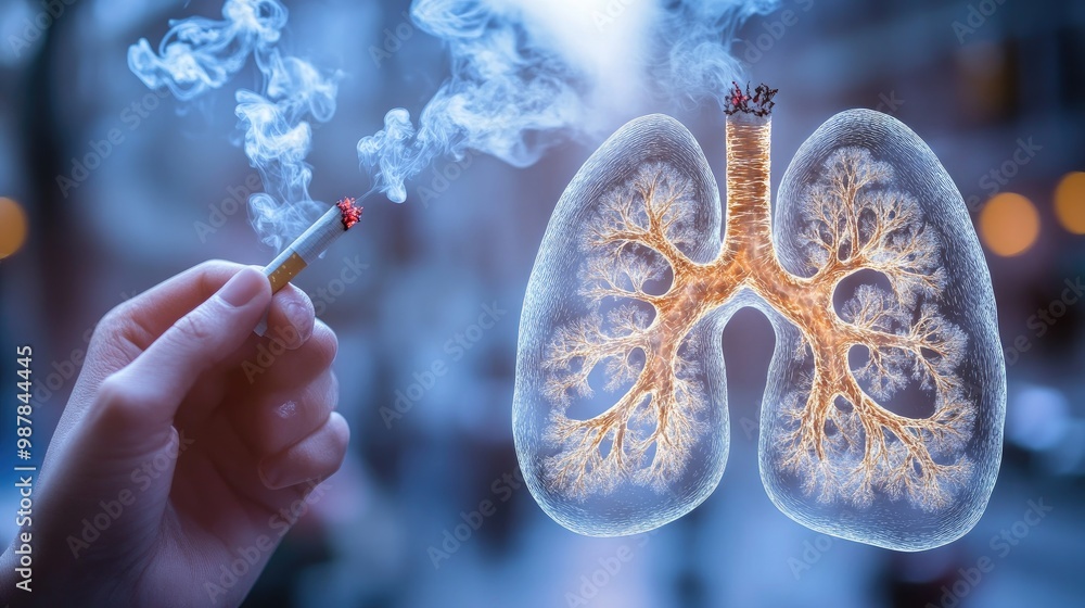 Smoking cigarette in hand next to an image of lungs filled with toxic ...