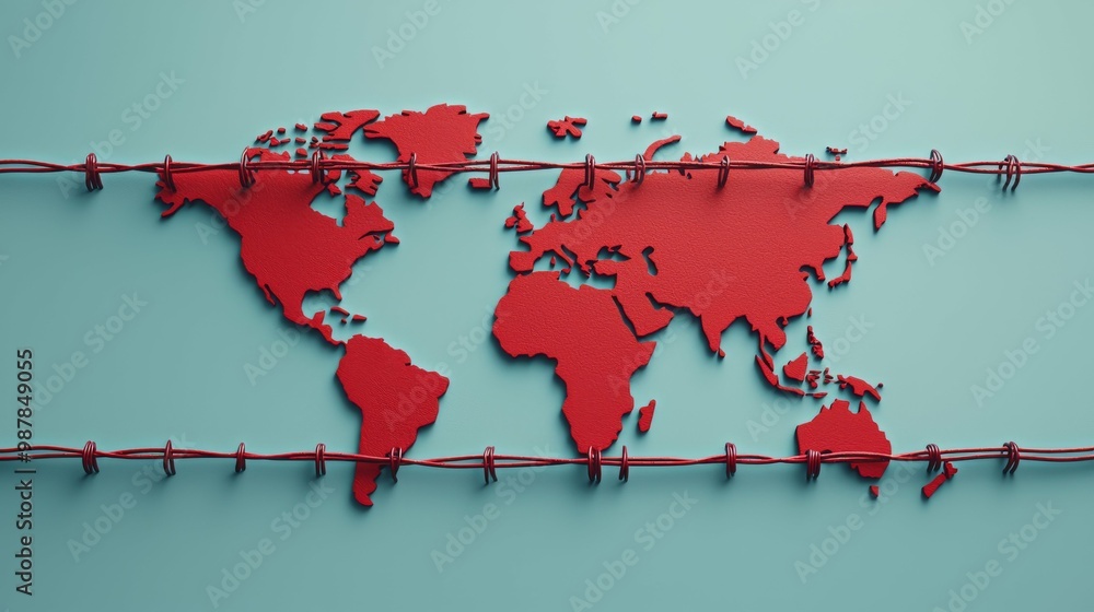 A red world map outlined with barbed wire against a light blue ...