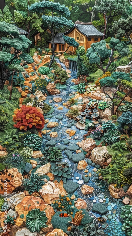 detailed miniature Japanese garden scene with winding stream, lush ...