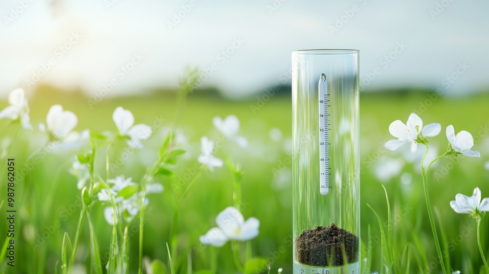 Soil hydrometer floating in a transparent cylinder of wet soil, precise ...