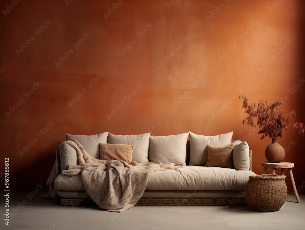 Wabi sabi and japandi japanese style rustic interior. Terracotta stucco ...