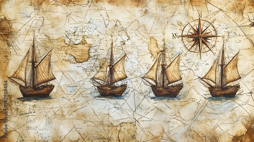 Old hand drawn map with vintage sailing yachts, Pirate adventures ...