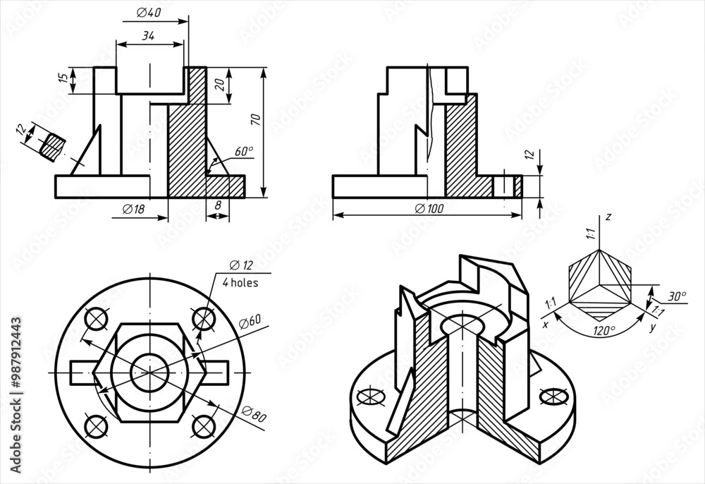Vector drawing of steel cast mechanical part with through holes and ...
