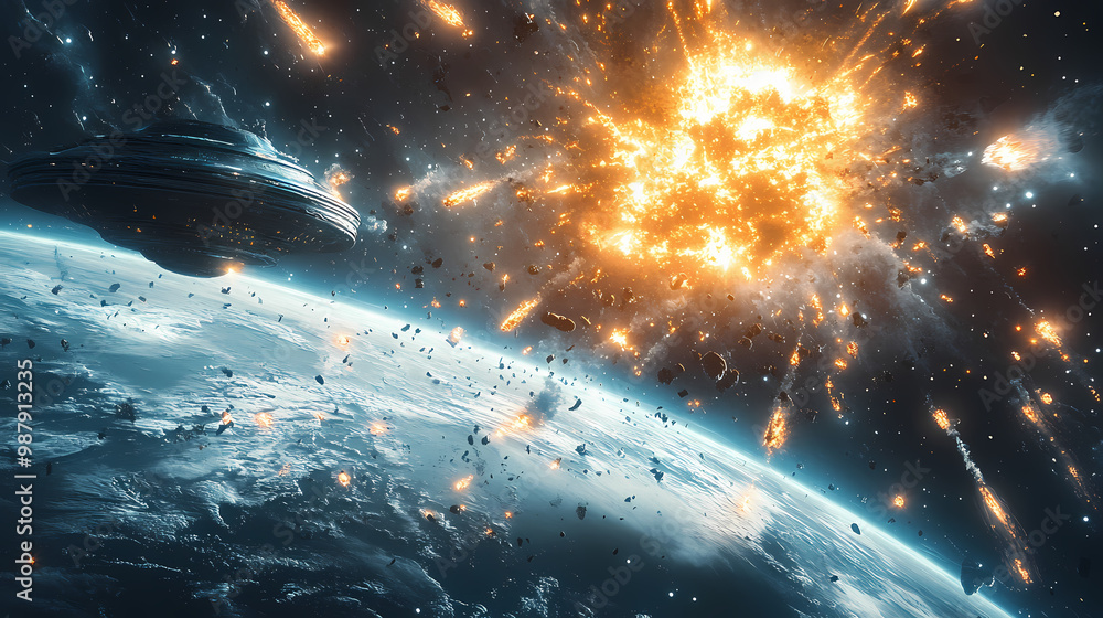 Epic cosmic battle scene depicting earth under siege by massive alien ...