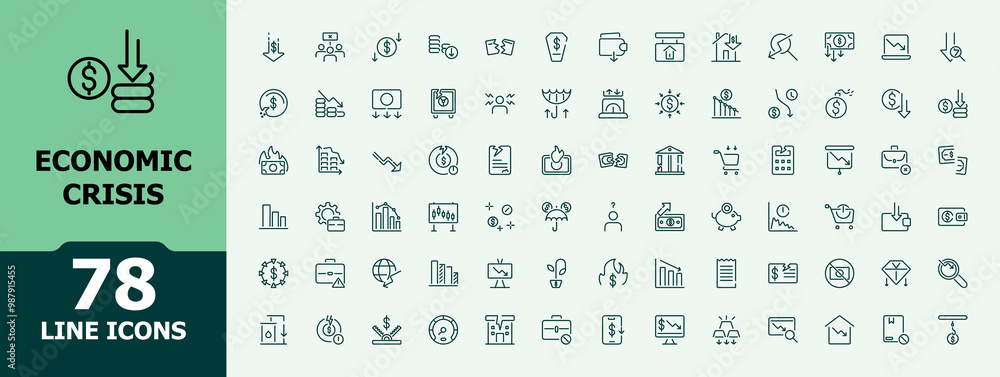 Economic crisis icons. Line art style icons bundle. Decrease, Banking ...