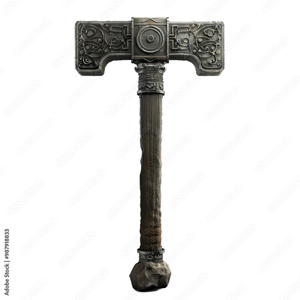 Ancient hammer with intricate carvings is standing upright on a white ...