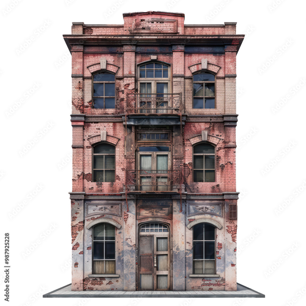 Old run down brick apartment building falling apart with boarded up ...