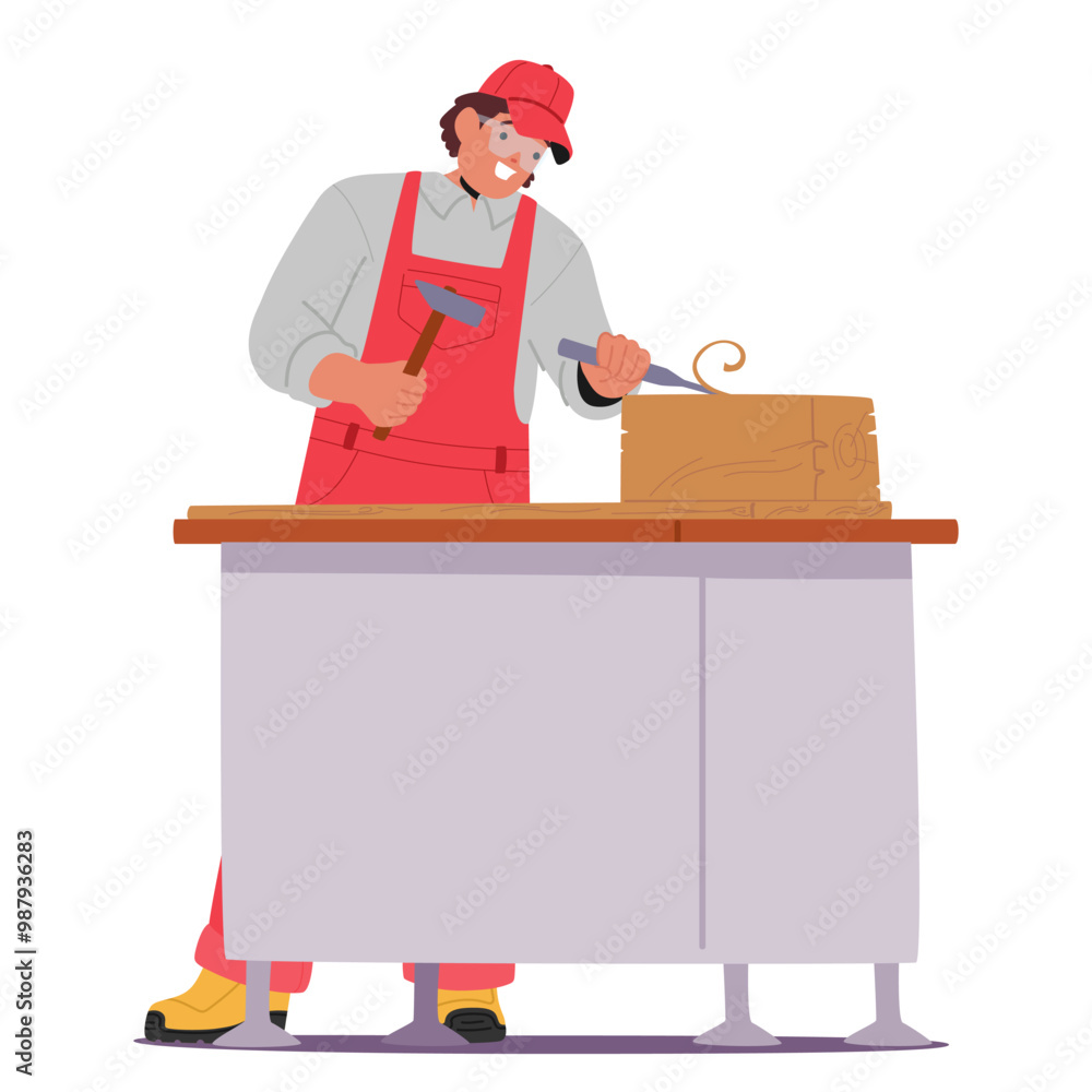 Skilled Carpenter Makes Wooden Sculpture In A Workshop Setting. Cartoon ...