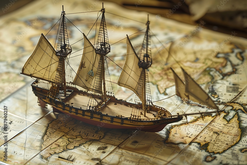 Detailed old sailing ship model on a world map, representing ...