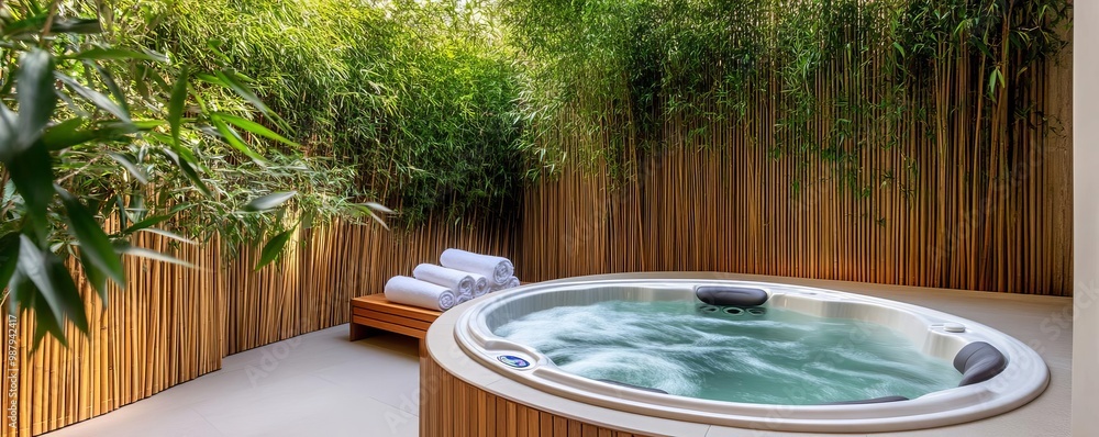 Hidden spa garden with bamboo privacy screens, a heated Jacuzzi, and ...