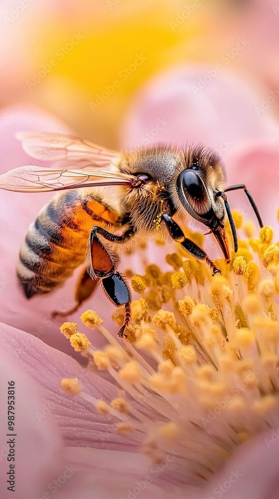 A close-up image of a bee collecting nectar from a vibrant pink flower ...