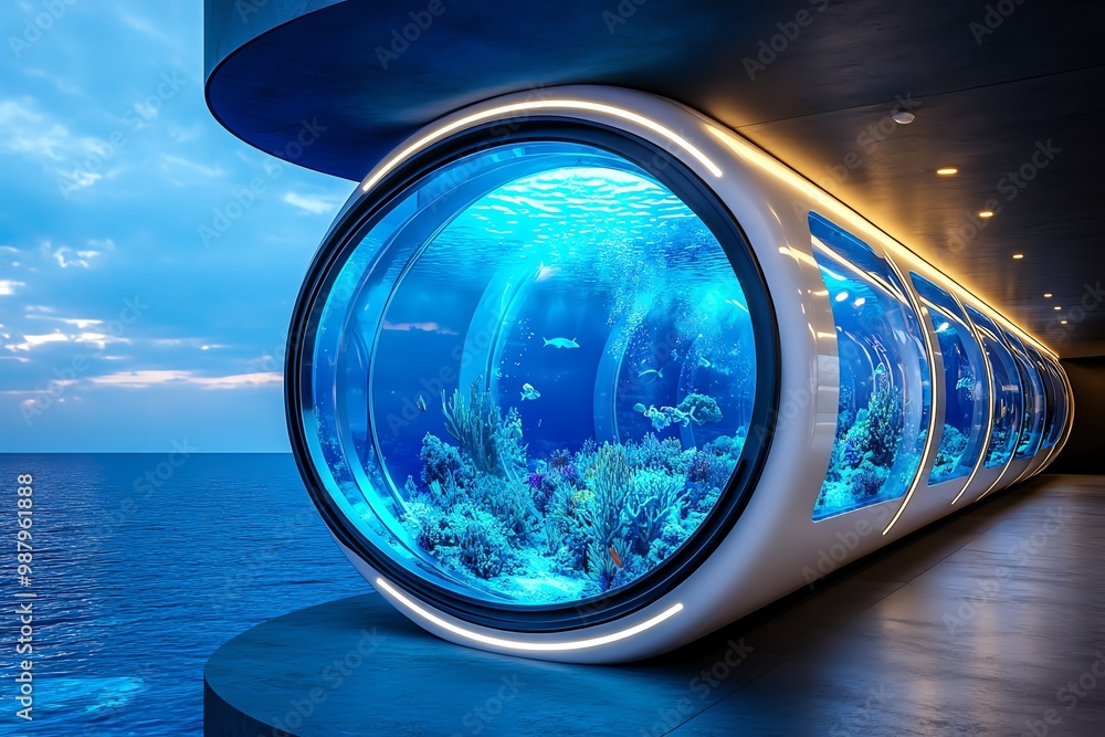 Futuristic underwater observatory, built on the ocean floor, with ...