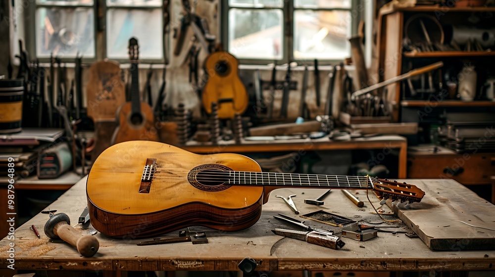 A beautifully crafted guitar on a luthier’s workbench surrounded by an ...