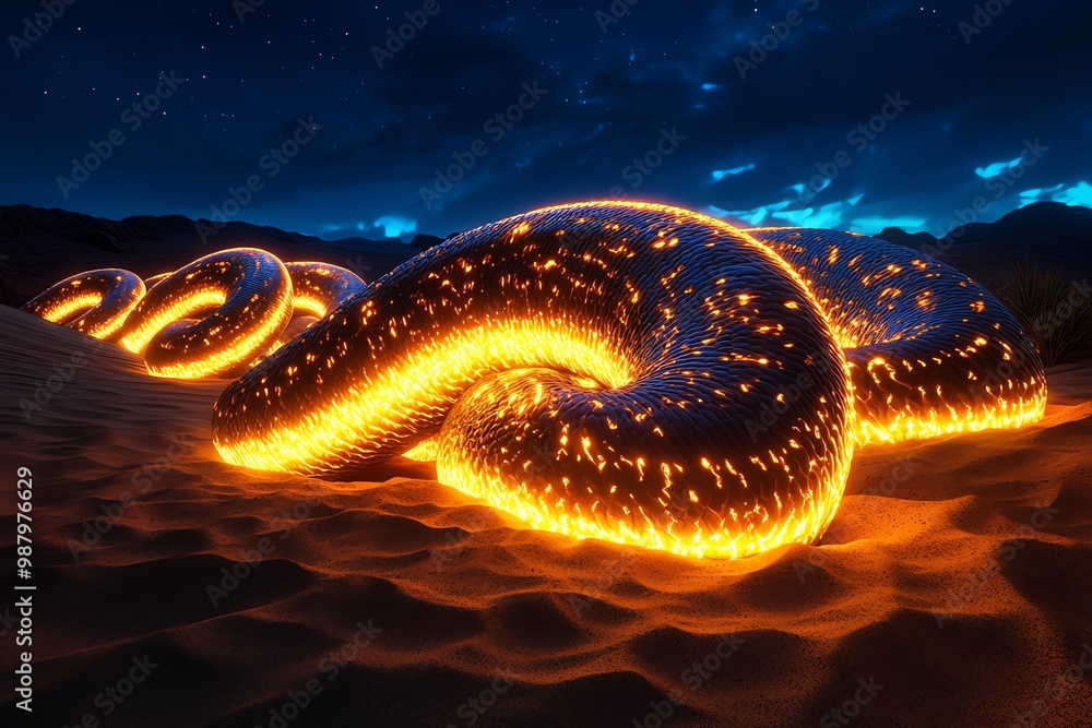 Massive sandworms in a fantasy desert, glowing with bioluminescence as ...