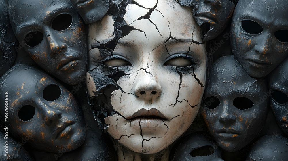 Cracked doll face with fragmented features, surrounded by Halloween ...