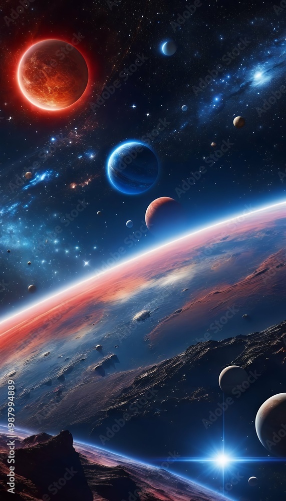 stars blue flashes planets red colors comets abstract space landscape ...