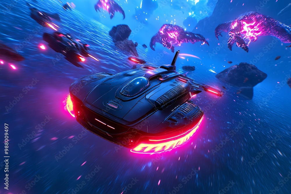 Sci-fi underwater battle, featuring futuristic submarines and alien sea ...