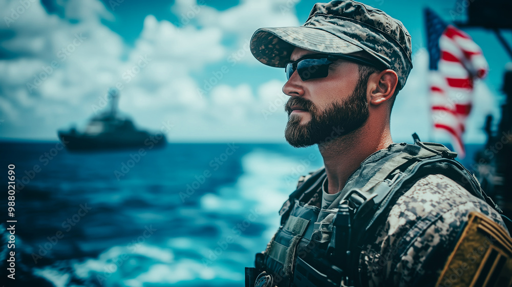USA marine soldier wears sunglasses and monitors the ocean from the ...