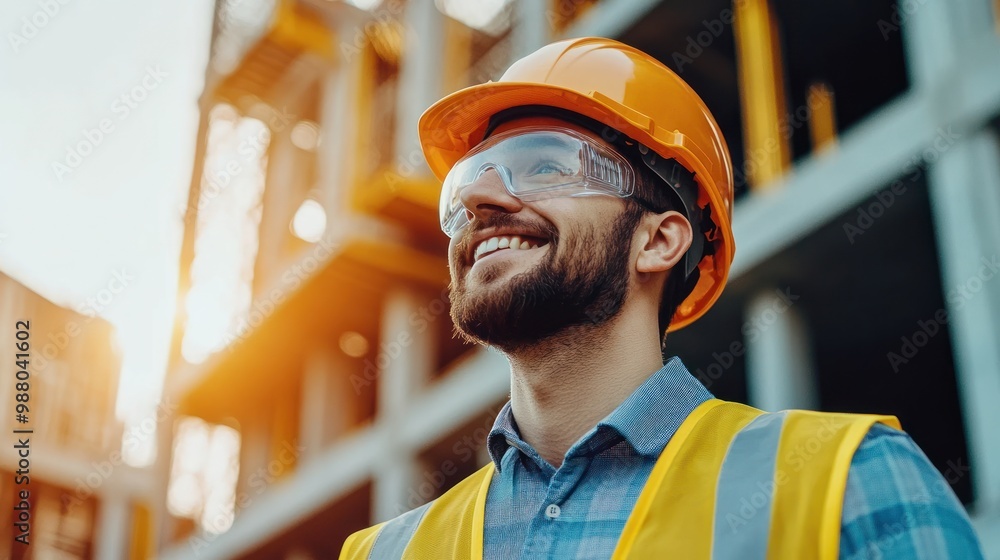 Happy engineer man in modular construction, working on prefabricated ...