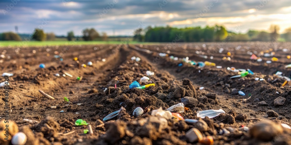Soil contaminated with microplastics, showing plastic waste in ...
