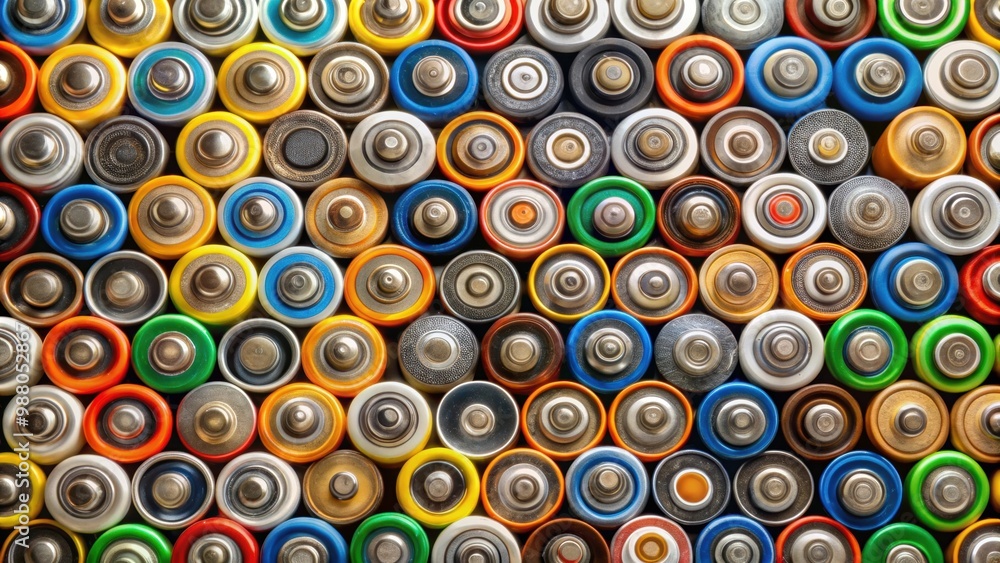 Top view of rows of used alkaline AA batteries from different brands ...