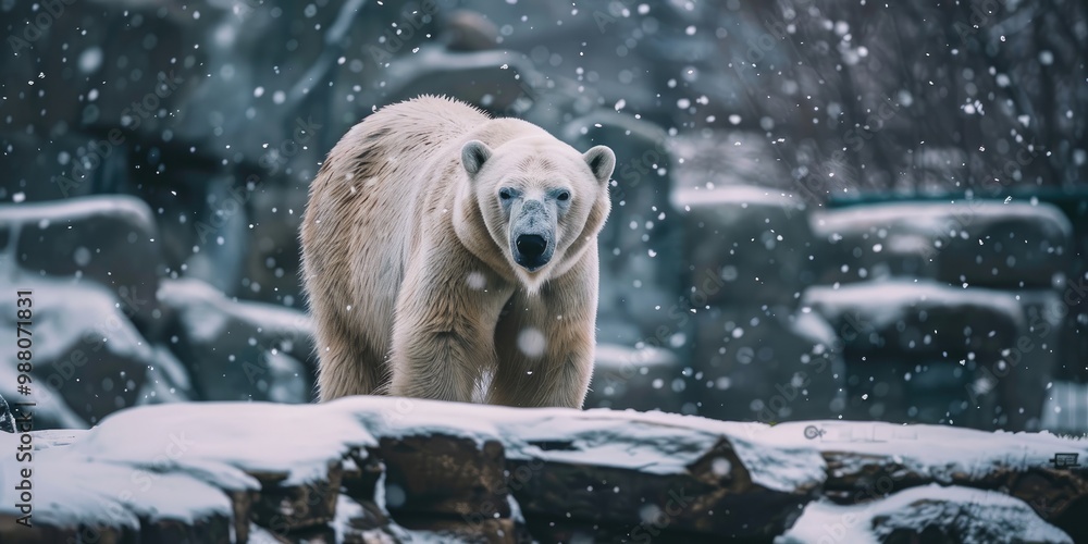 Adult polar bear in a light-colored fur coat, a fearsome and dangerous ...