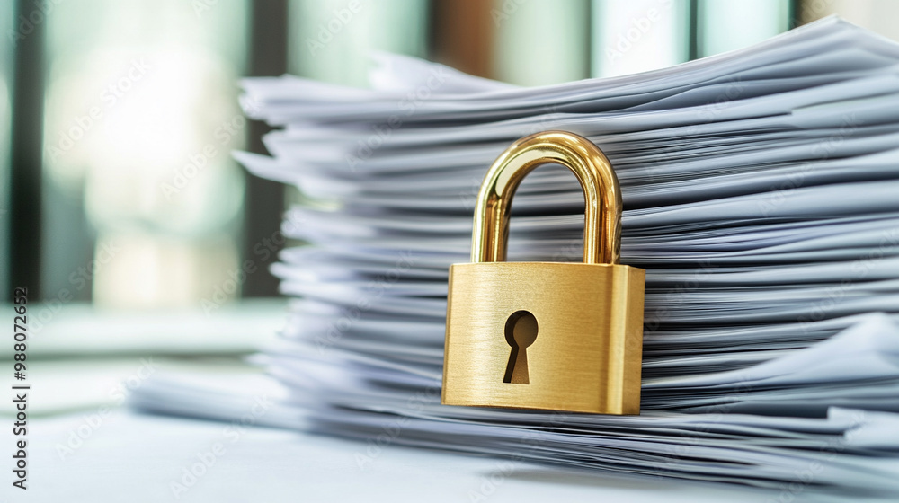 stack of documents secured by a golden padlock symbolizes data security ...