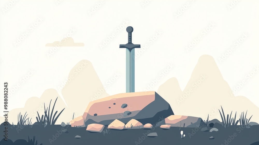 Mystical Sword in Stone - Minimalistic 2D Vector Illustration with ...