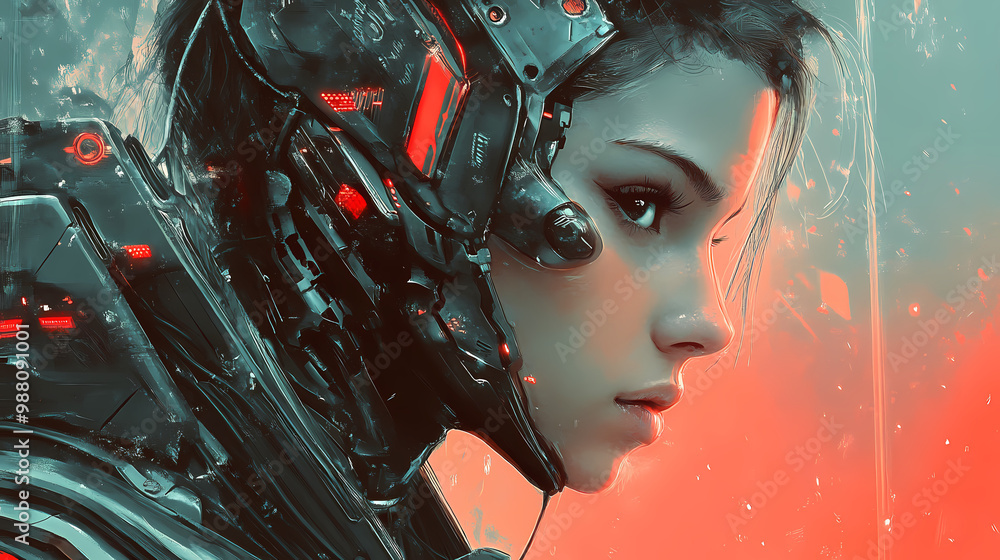 Cyberpunk futuristic android robot cyborg woman in armored suit ...