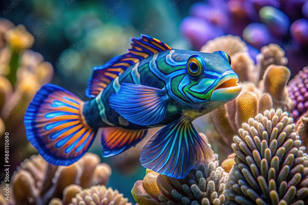 A vibrant blue mandarinfish dances elegantly through the coral reef ...