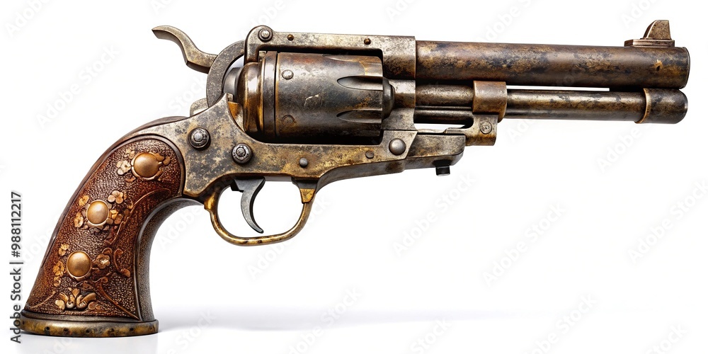 Aged revolver with rust-oxidized metal and intricate engravings on the ...