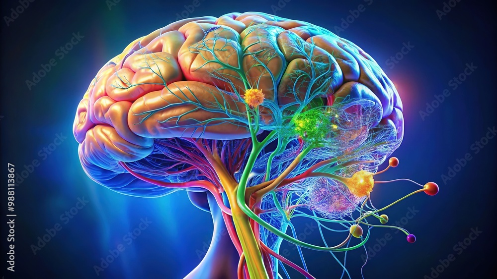 Colorful 3D illustration of the human brain highlighting the ...