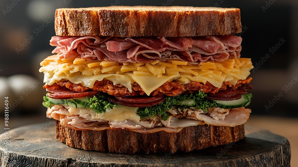 A massive sandwich tower with multiple layers of meats like pastrami ...