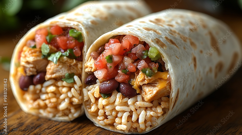 Cross-section of a stuffed burrito, showcasing layers of spicy chicken ...