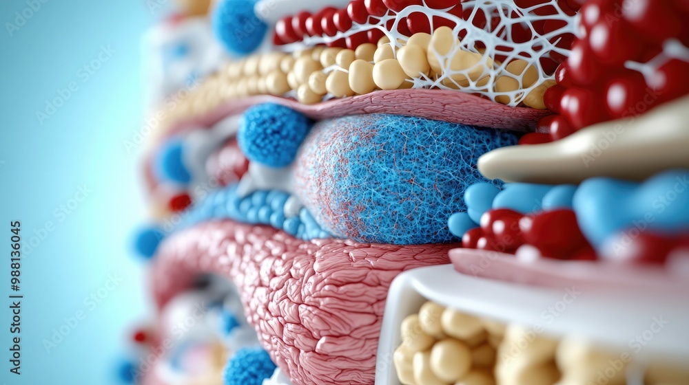 A detailed illustration of cellular structures with vibrant layers of ...