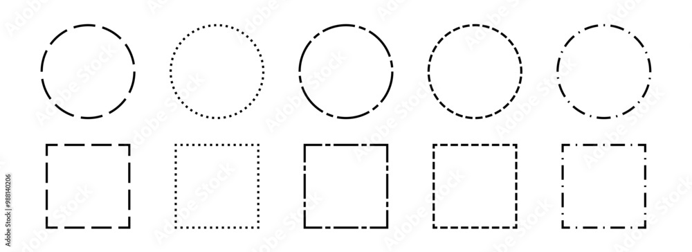 Black dashed frame collection. Dashed outline circle and square border ...