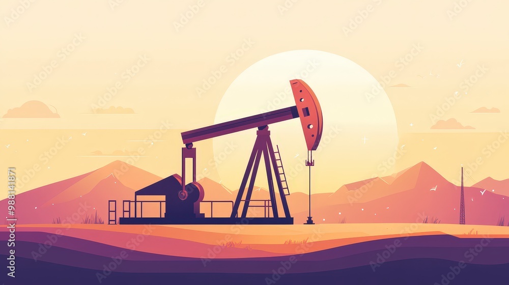 A simple 2D flat vector illustration of an oil pump jack on an oilfield ...
