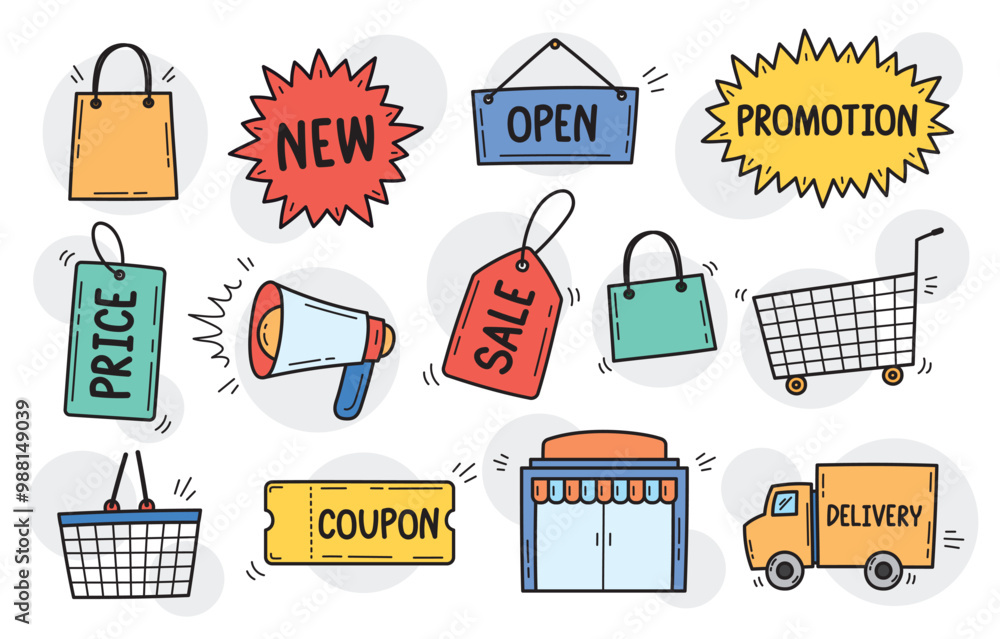 fun and cute hand drawn graphic element vector set in shopping concept ...