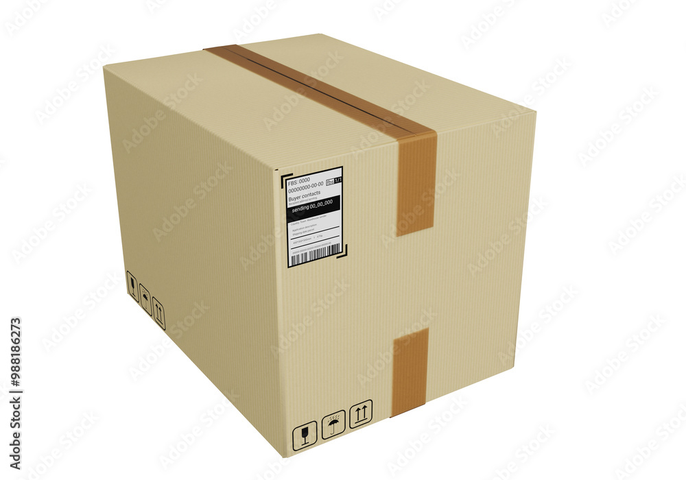 Cardboard box. Parcel with courier sticker. Box isolated on white ...