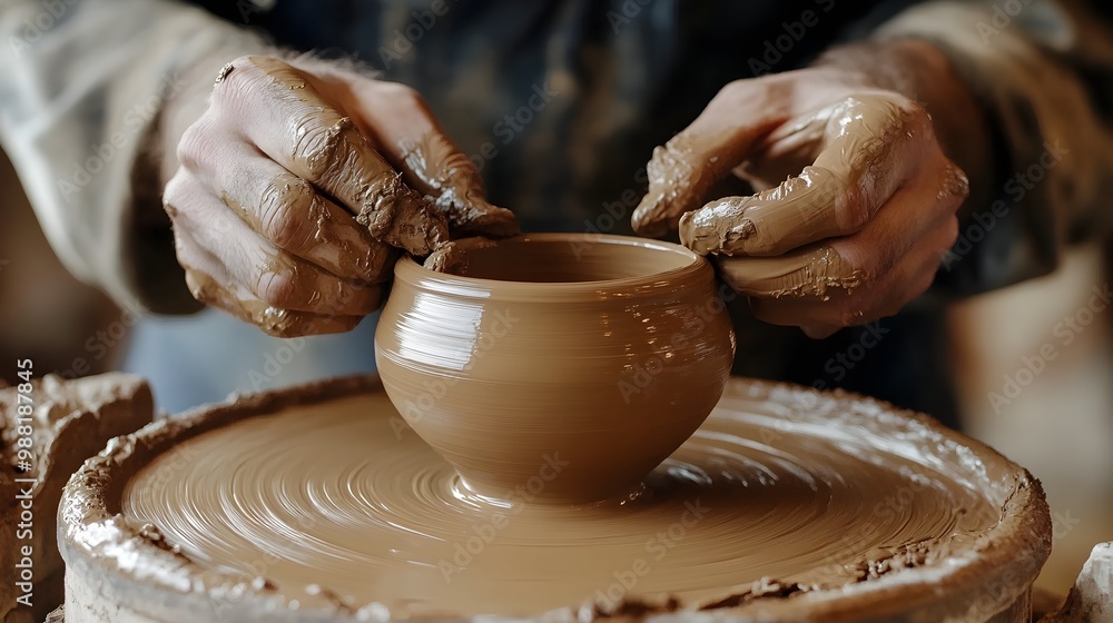 A circular pottery studio with artists focused on their clay wheels ...