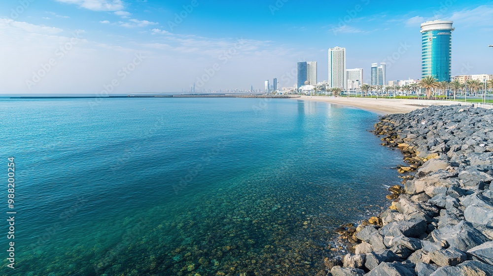 The Jeddah Corniche waterfront, with modern landmarks and the Red Sea ...