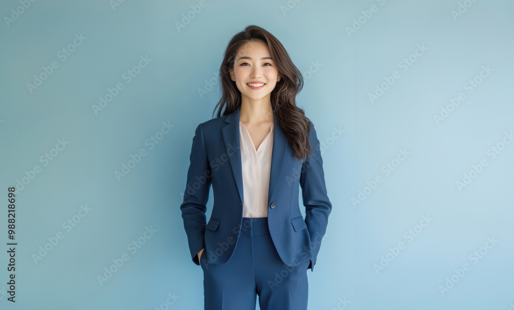 Ambitious and assertive Asian businesswoman in a blue suit, displaying ...