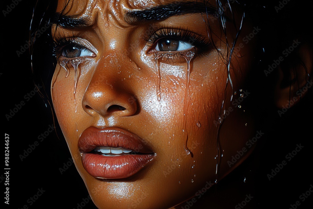 A close-up of a Black woman’s face with tears streaming down her cheek ...