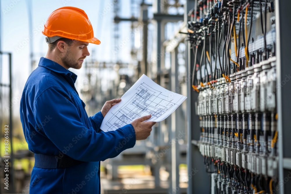 Man wearing blue uniform orange hard hat standing Electrical engineer ...