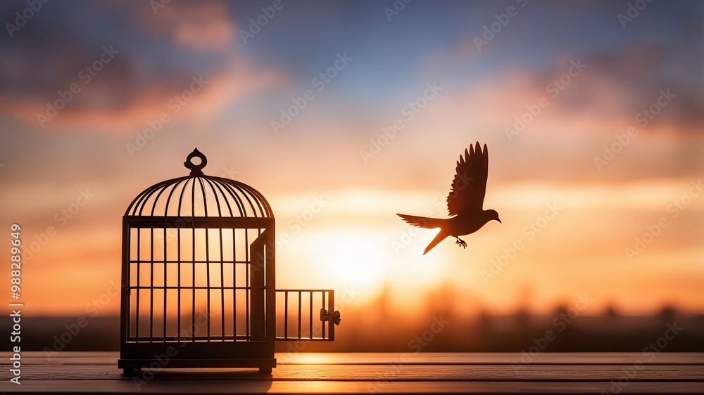 Bird flying out of cage against sunset background. Freedom concept ...