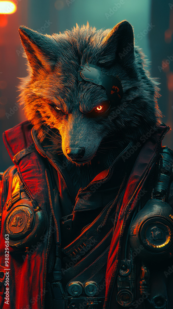 Cyberpunk Wolf Illustration with Futuristic Tech Gear in Neon Cityscape ...
