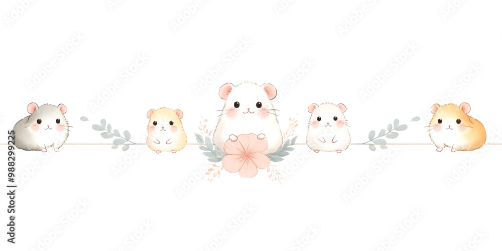 Row of hamsters sitting on a branch with leaves. Watercolor line border ...